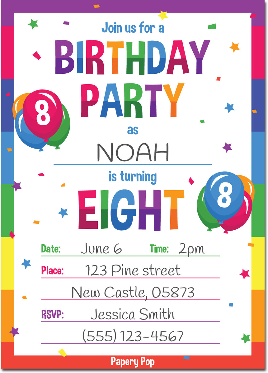 8 Year Old Birthday Party Invitations with Envelopes (15 Count) - Kids ...